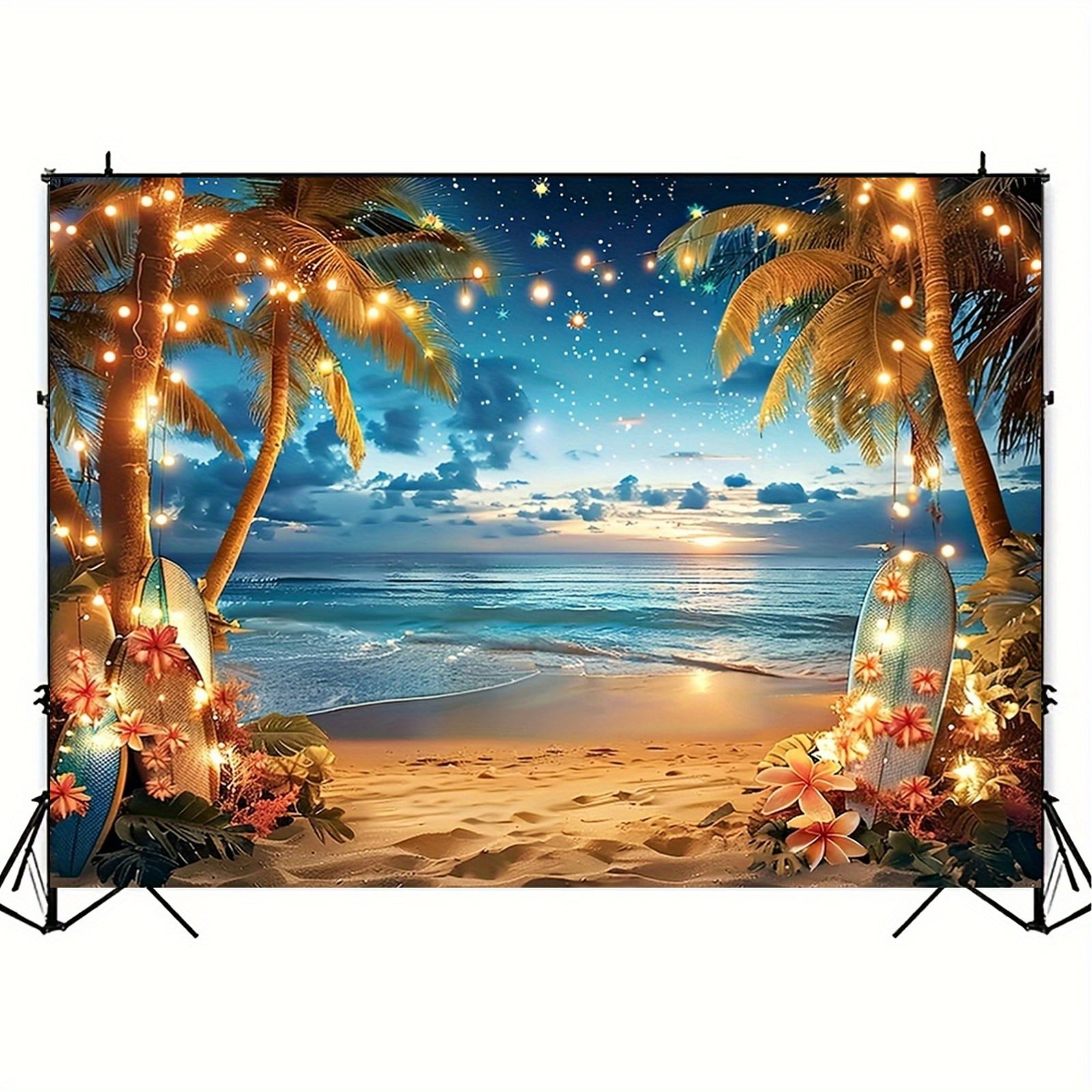 Tropical Beach Party Backdrop - Blue Sky, Surfboard & Palm Trees Design ...