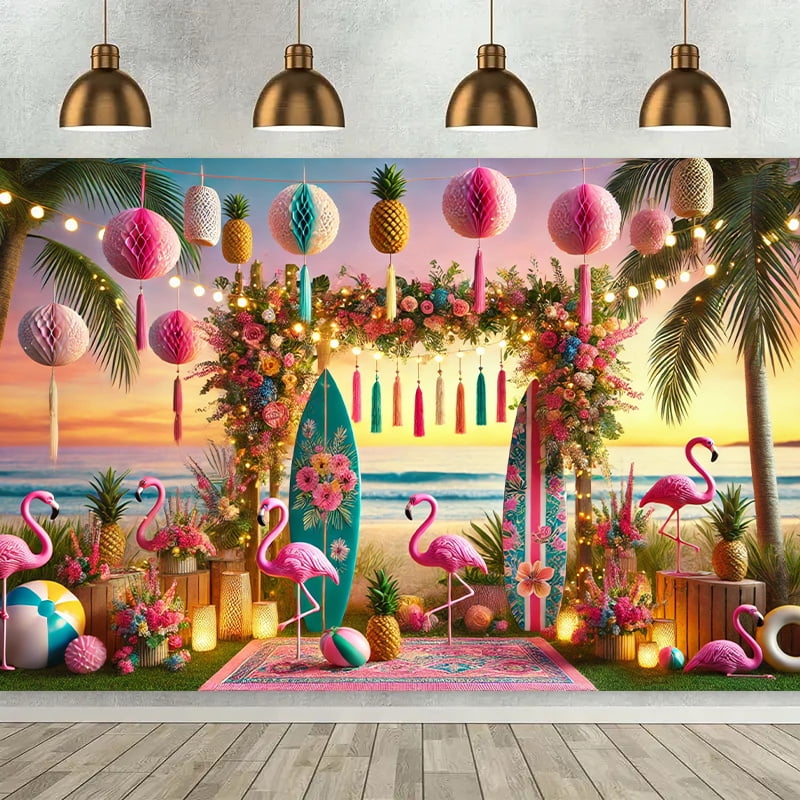 Tropical Beach Party Backdrop Colorful Surfboards Flamingos Bridal ...