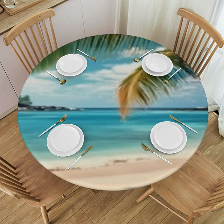 Tropical Beach Plant Theme Round Table Cloth, Elastic Edged Fitted ...