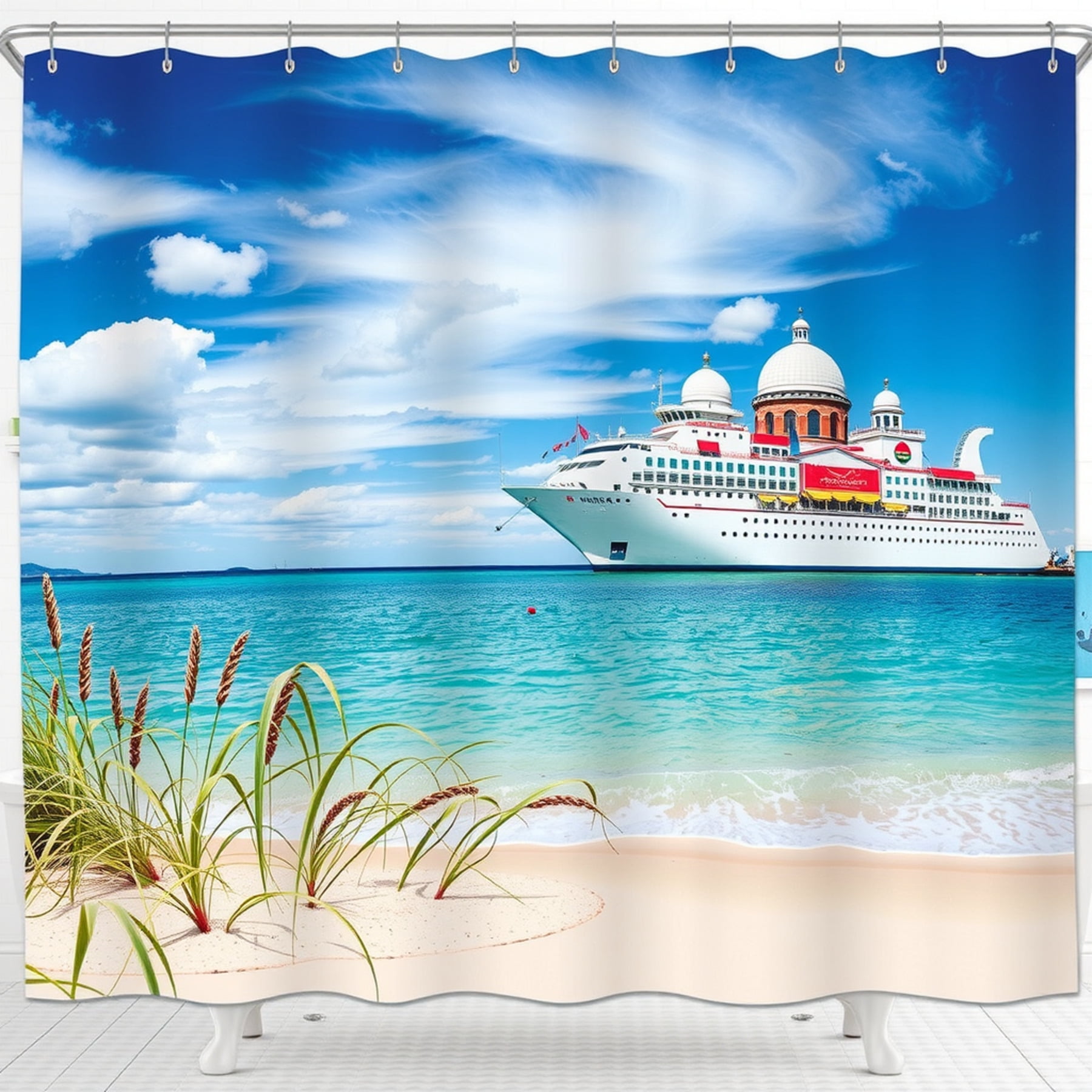 Tropical Beach Scene Shower Curtain - Cruise Ship Ocean Sandy Shoreline ...