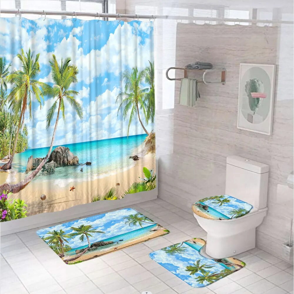 Tropical Beach Scene Shower Curtain Set Bathroom Decor Hawaiian Palm ...