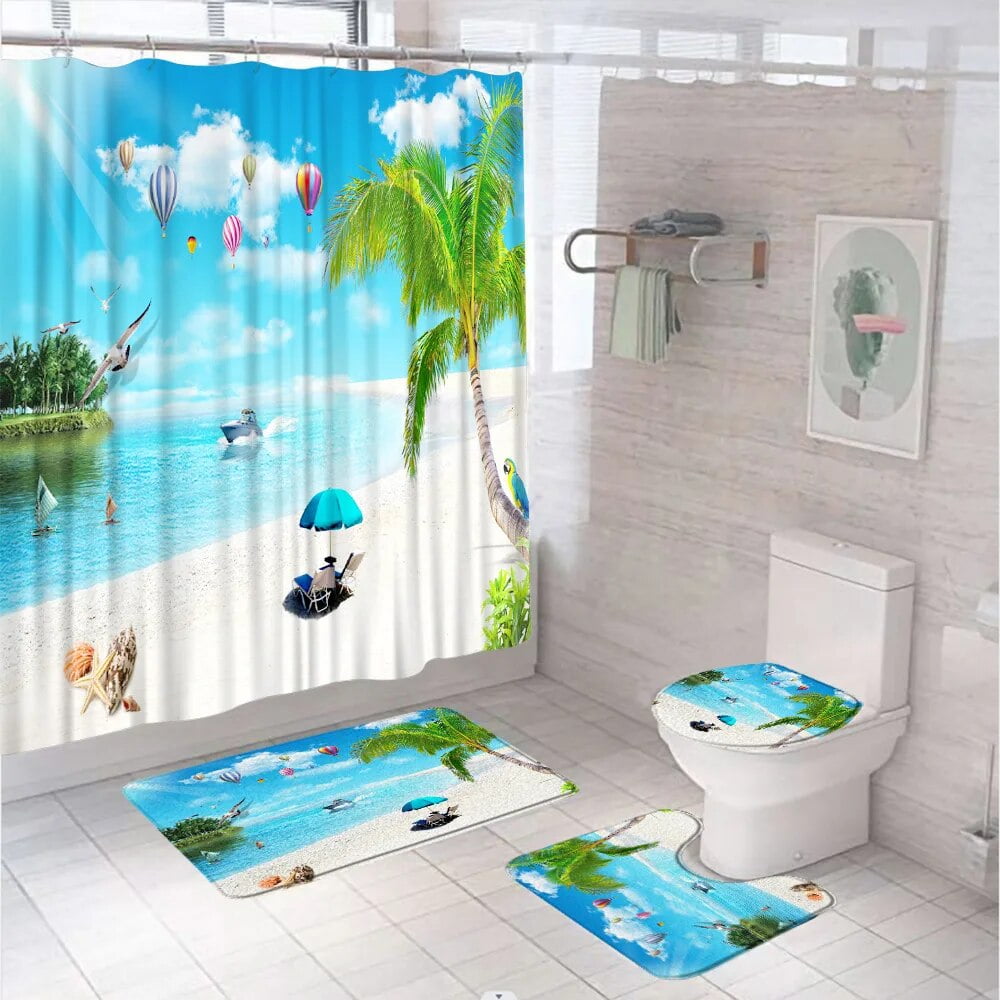Tropical Beach Scene Shower Curtain Set Bathroom Decor Hawaiian Palm ...