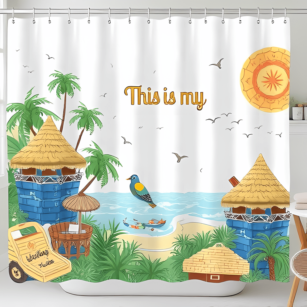 Tropical Beach Scene Shower Curtain - Trees Huts & Sun Design for a ...