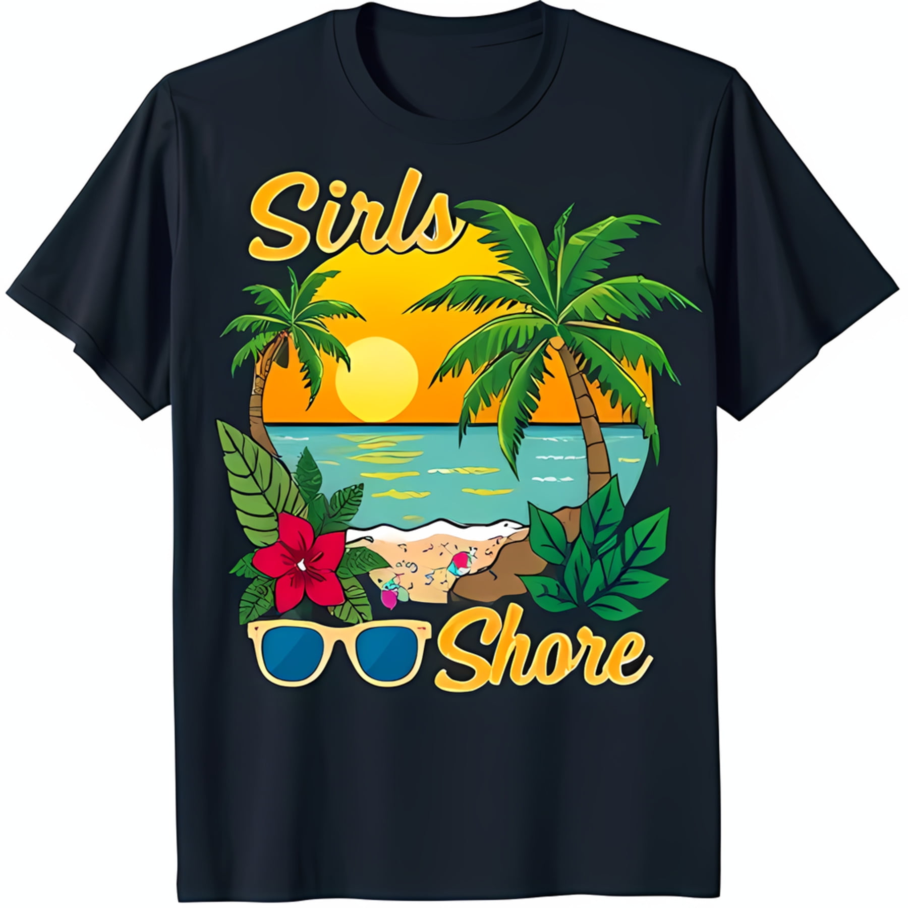 Tropical Beach Scene T-Shirt 'Sirls Shore' Design with Trees & Sunset ...