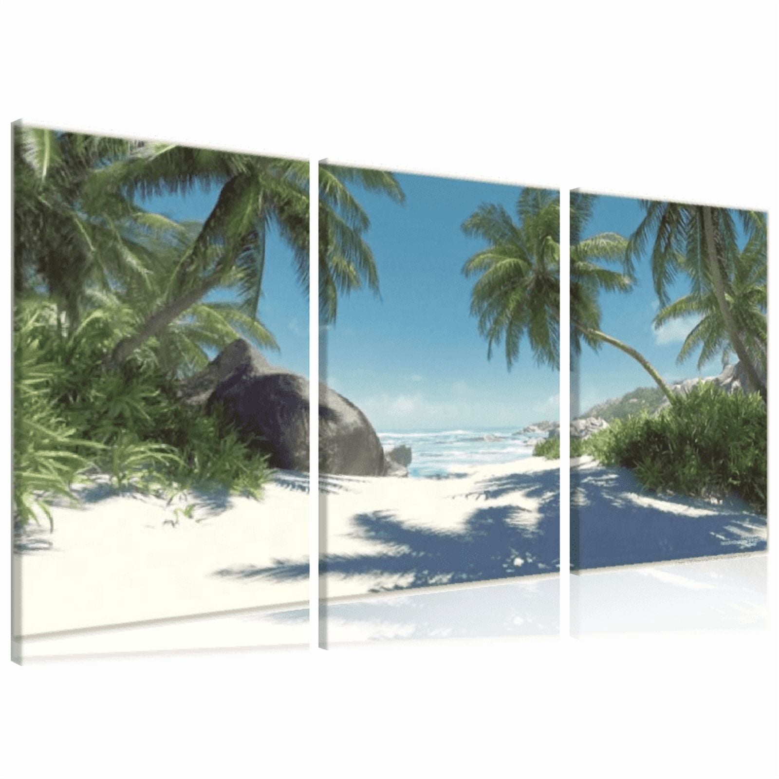 Tropical Beach Scene Triptych Canvas Art - Vibrant Sunlit Palm Beach ...