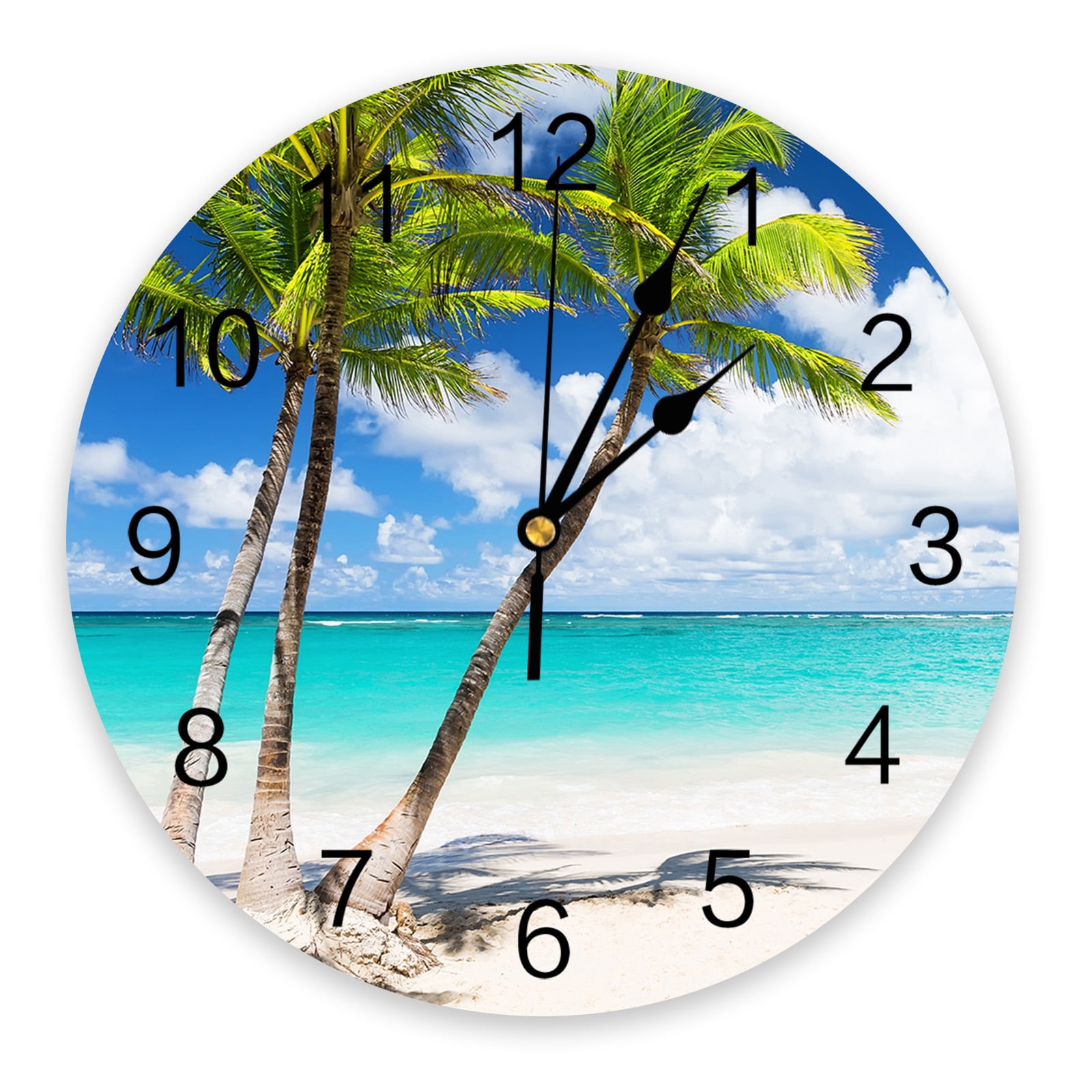 Tropical Beach Scenery Decorative Round Wall Clock Arabic Numerals ...