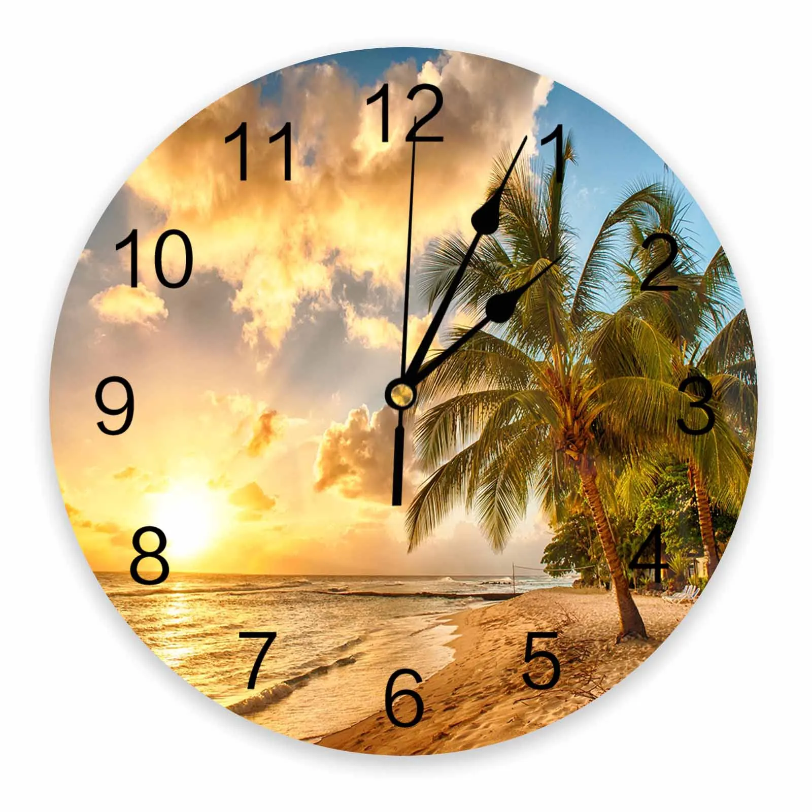 Tropical Beach Scenery Decorative Round Wall Clock Arabic Numerals ...