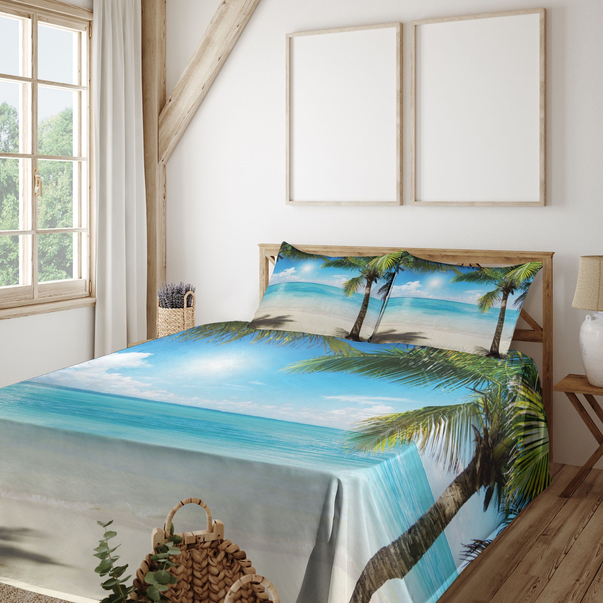 Ambesonne Tropical Fitted & Top Sheet Set with Shams, Coconut Shadows ...