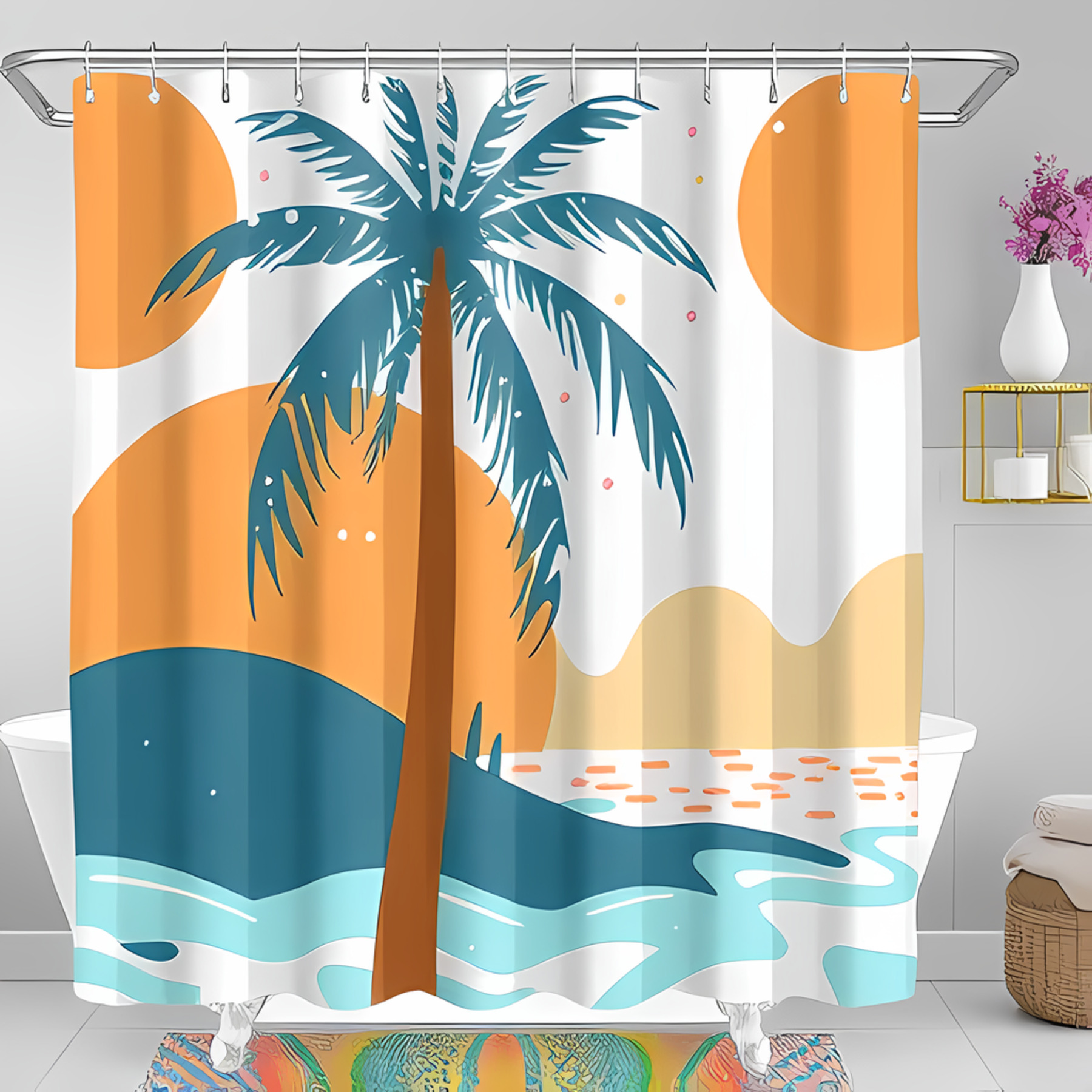 Tropical Beach Shower Curtain with Tree and Sunset Design - Vibrant ...