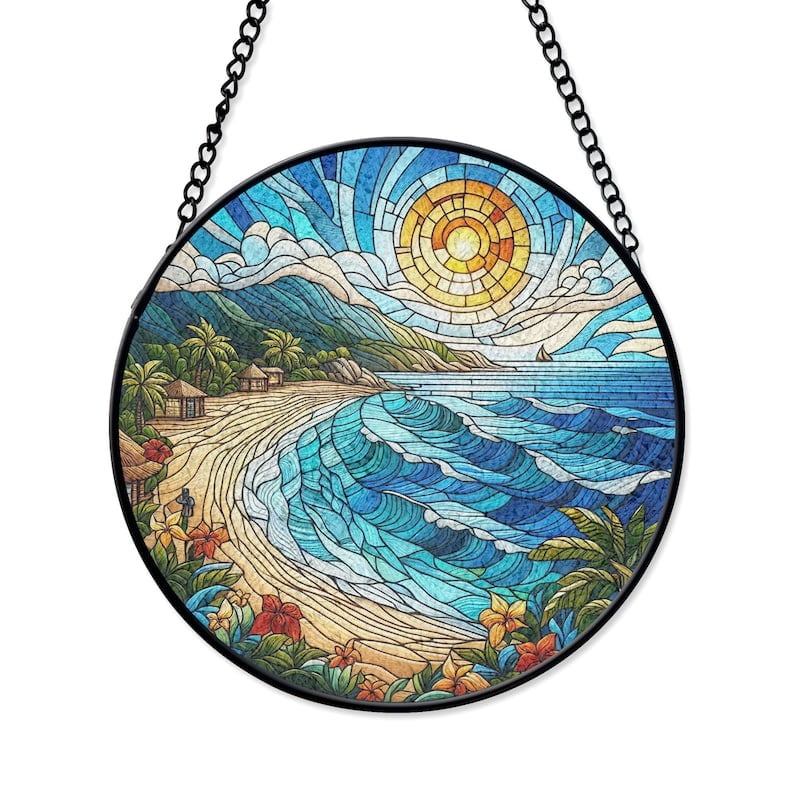 Tropical Beach Stained Glass Art – Serene Coastal Sunset Window Decor ...
