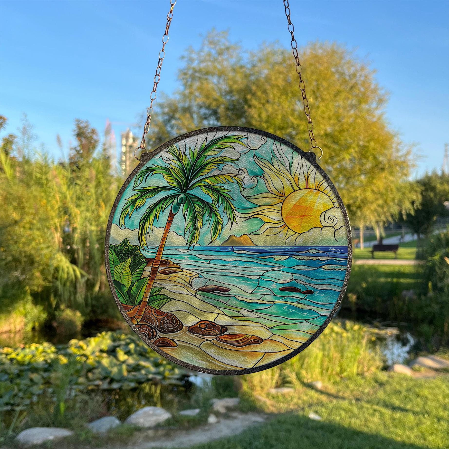 Tropical Beach Stained Glass Style Wall and Window Decoration, Sun ...