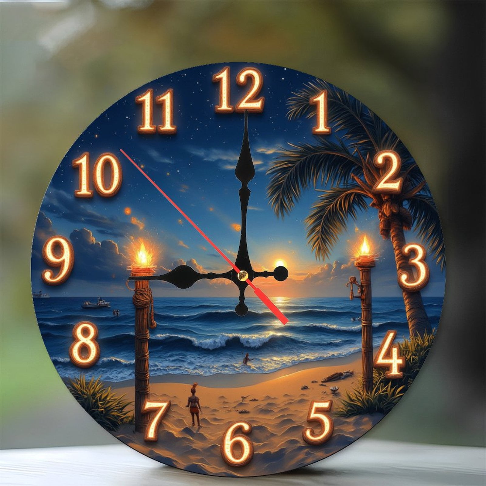 Tropical Beach Sunset Ocean Wall Clock 10-Inch Silent Wooden Wall Clock ...