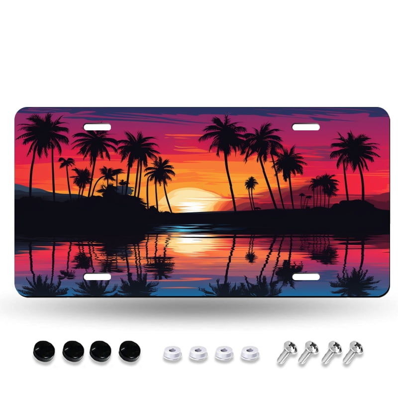 Tropical Beach Sunset with Palm Trees Silhouettes License Plate Frame ...