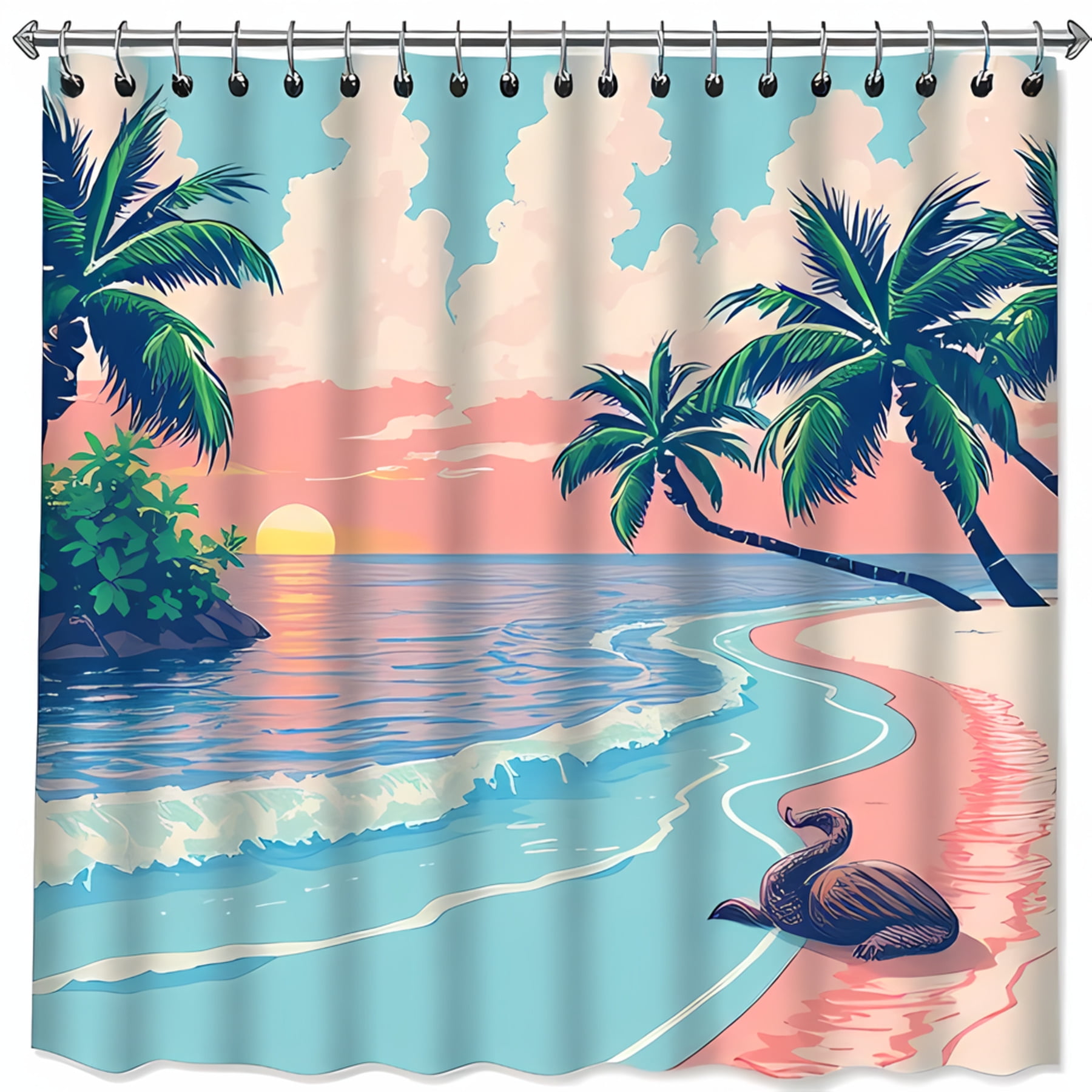 Tropical Beach Sunset Shower Curtain - Vintage Style with Trees Ocean ...