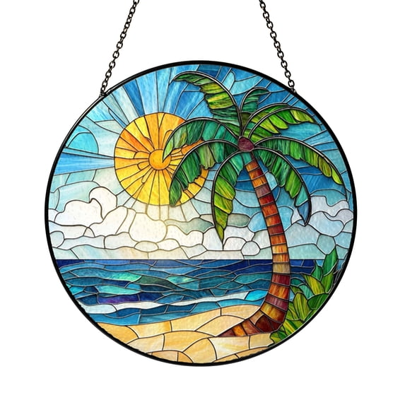 Tropical Beach Sunset Stained Glass Style Pattern File, Ocean Palm Tree ...