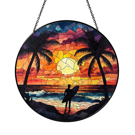 Tropical Beach Sunset Stained Glass Window Hanging, Ocean Surf Wave Art ...