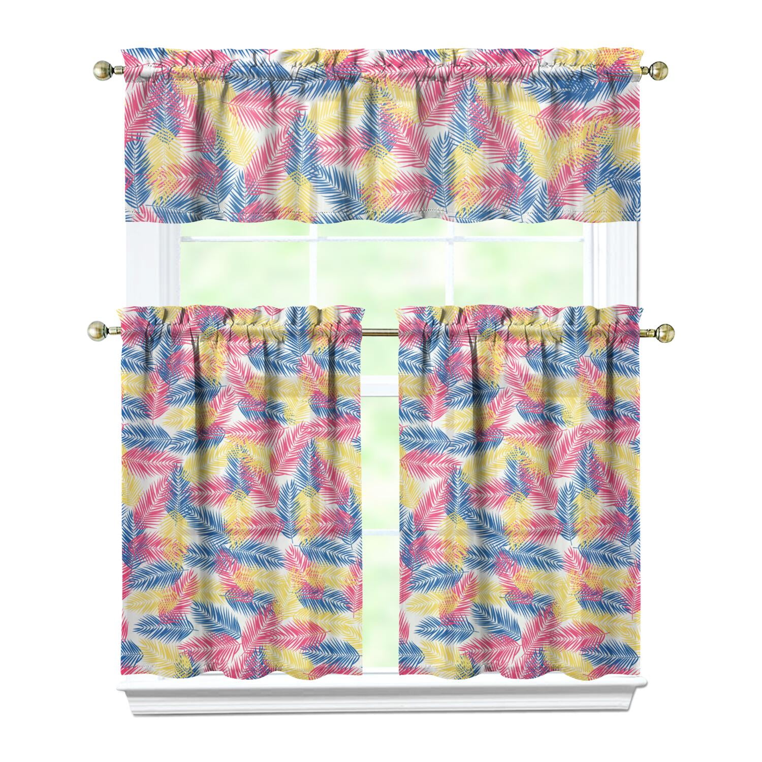 Tropical Beach Sunset Tier Curtains Set of 3, Boho Palm Tree Kitchen ...