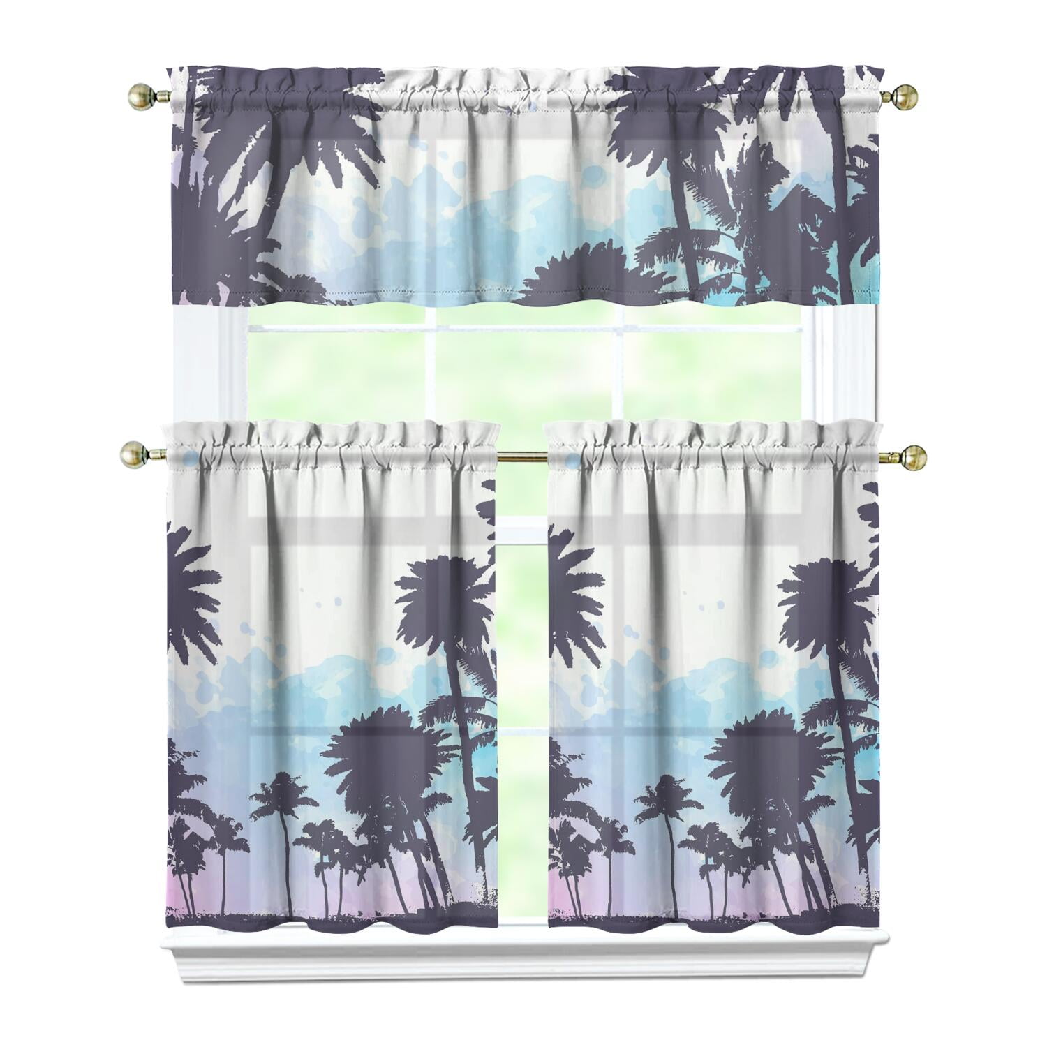 Tropical Beach Sunset Tier Curtains Set of 3, Boho Palm Tree Kitchen ...