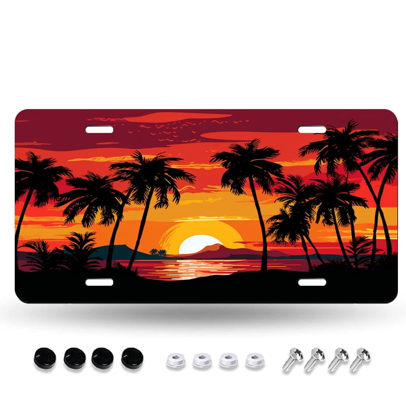 Tropical Beach Sunset with Palm Trees License Plate Frame, Decorative ...