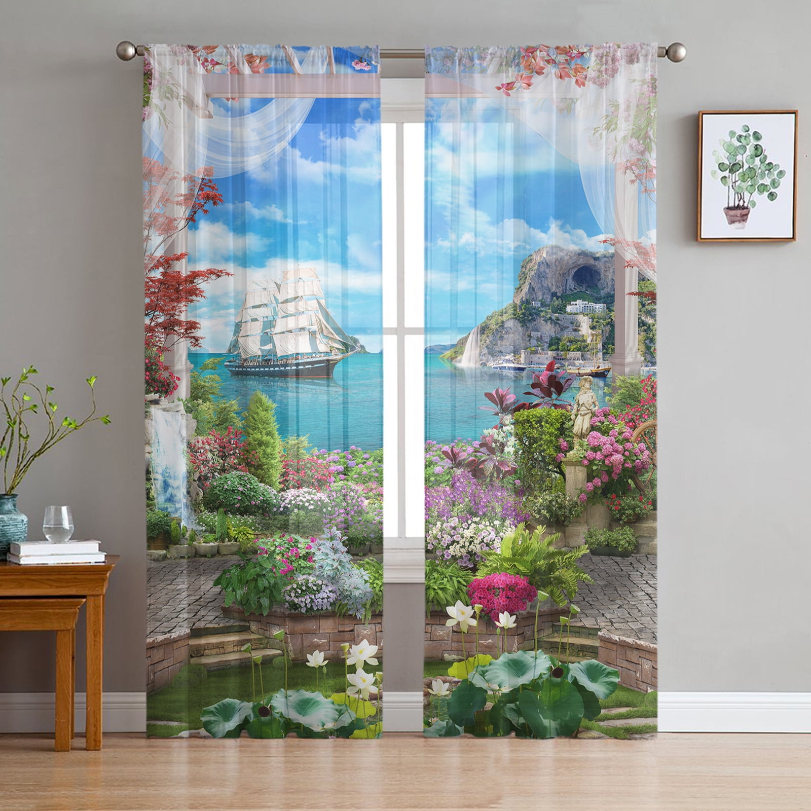 Tropical Beach Swimming Pool Tulle Curtains for Living Room Bedroom ...
