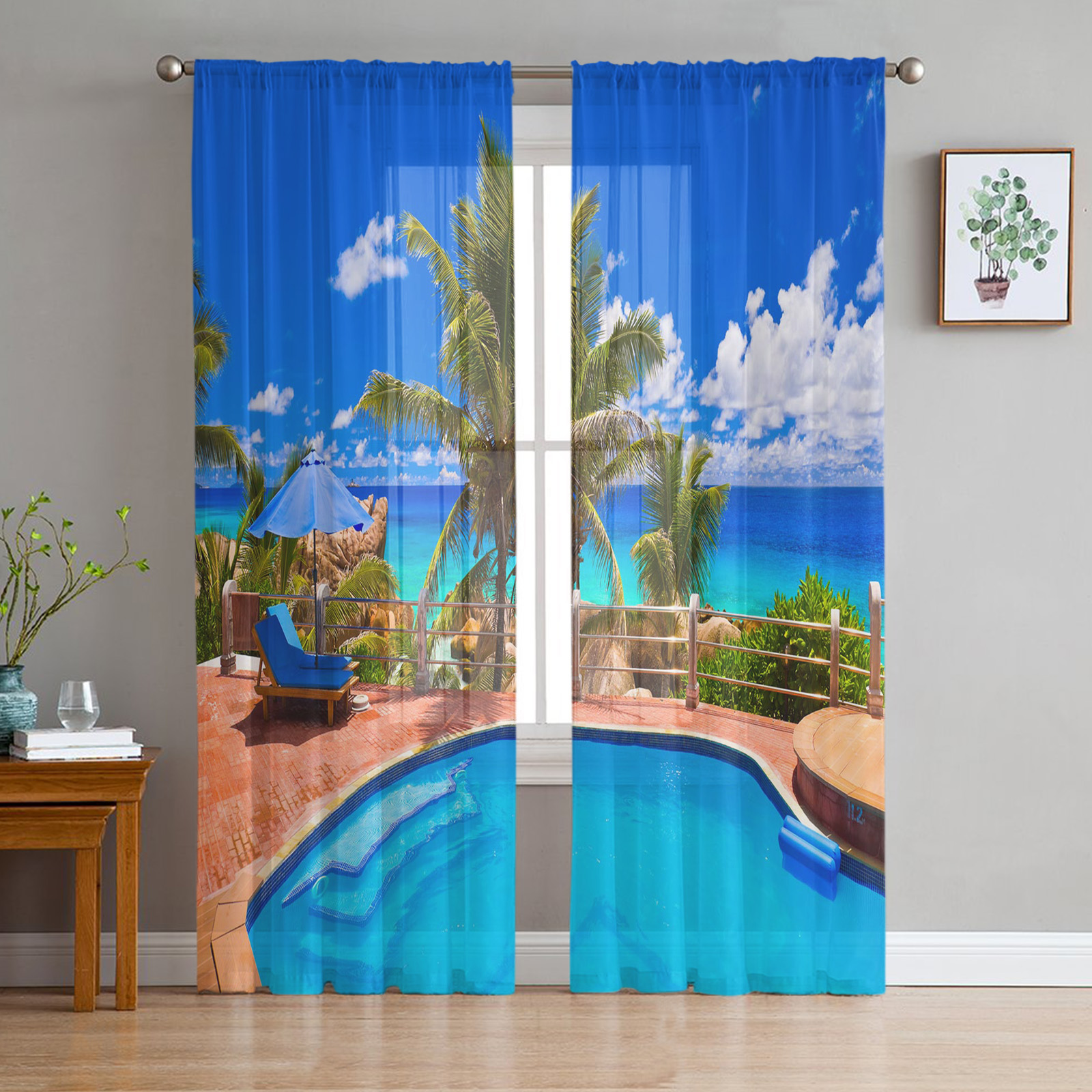 Tropical Beach Swimming Pool Tulle Curtains for Living Room Bedroom ...