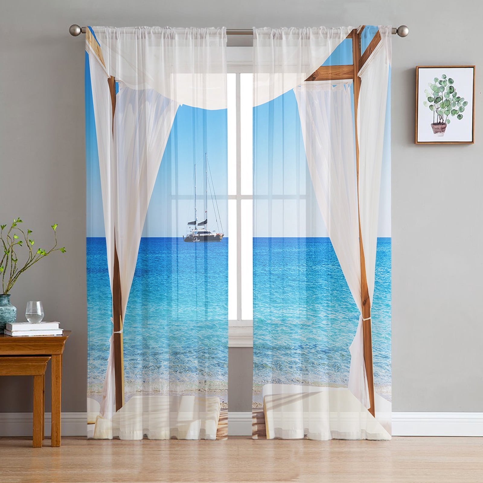 Tropical Beach Swimming Pool Tulle Curtains for Living Room Bedroom ...