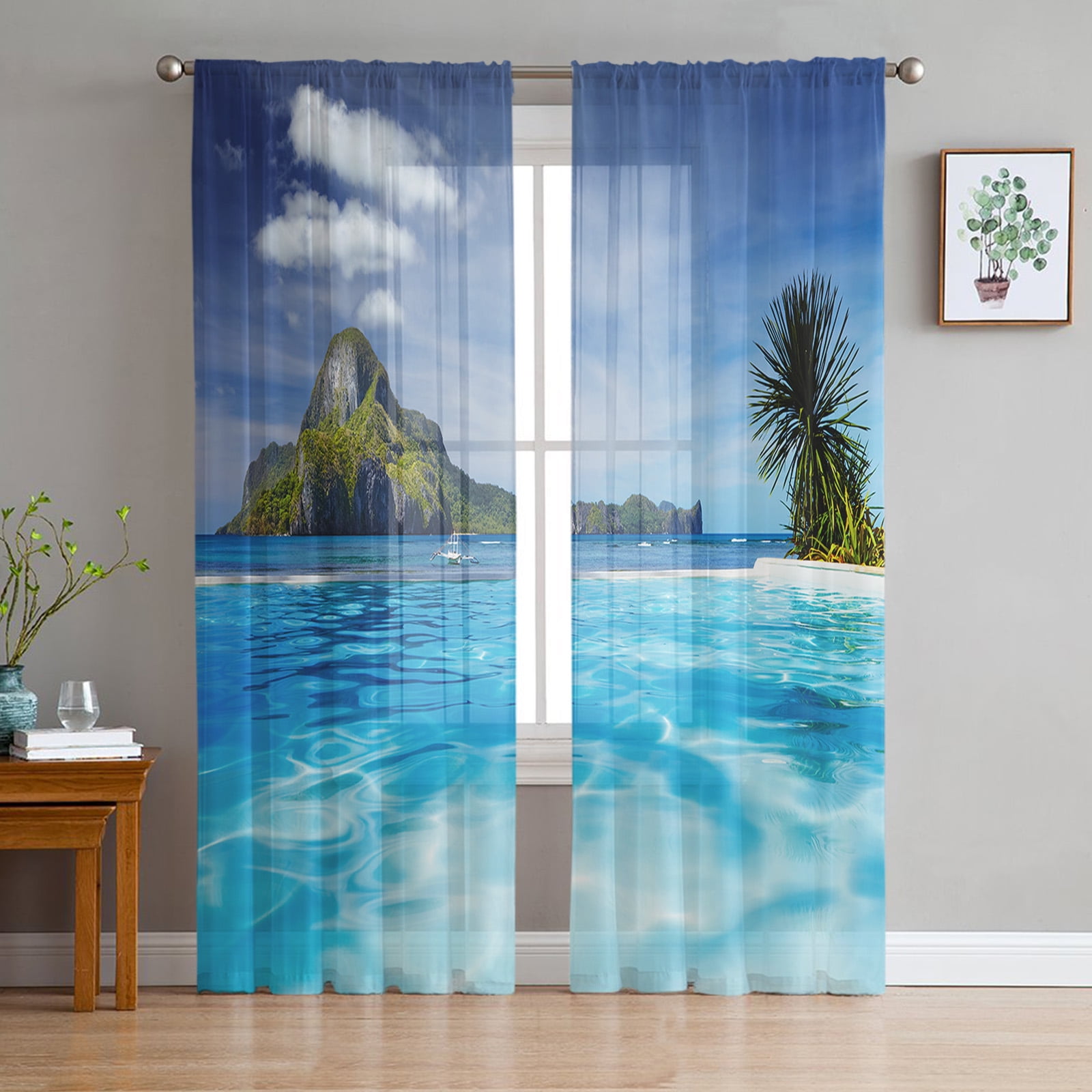 Tropical Beach Swimming Pool Tulle Curtains for Living Room ration ...