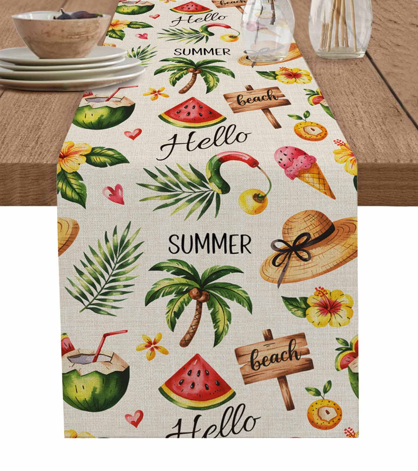 Tropical Beach Table Runner 70 Inches, Watermelon Coconut Tree Ice ...