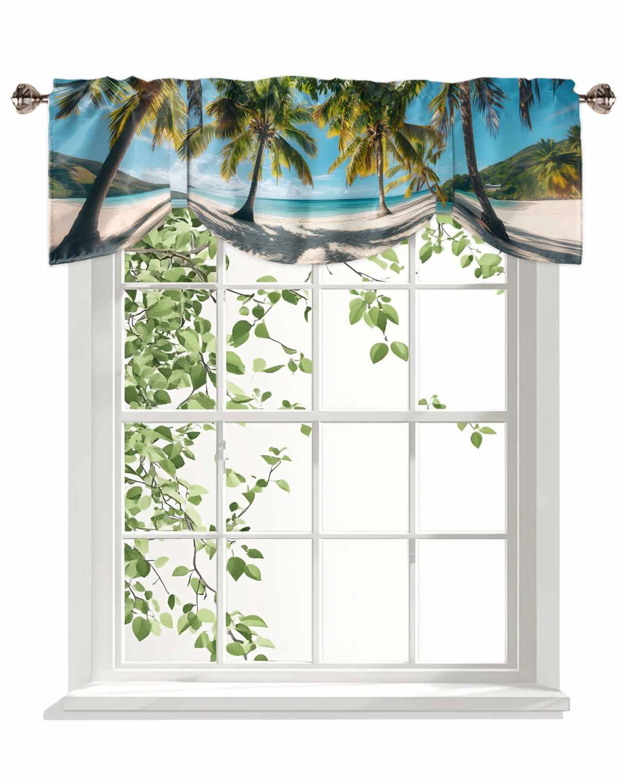 Tropical Beach Tie Up Valances Curtain, Adjustable Kitchen Scenery Palm ...
