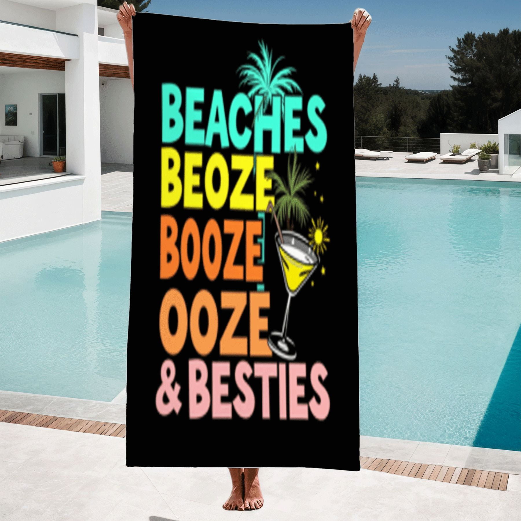 Tropical Beach Towel with " BEACHES BEOZE OOOZE & BESTIES " Design ...