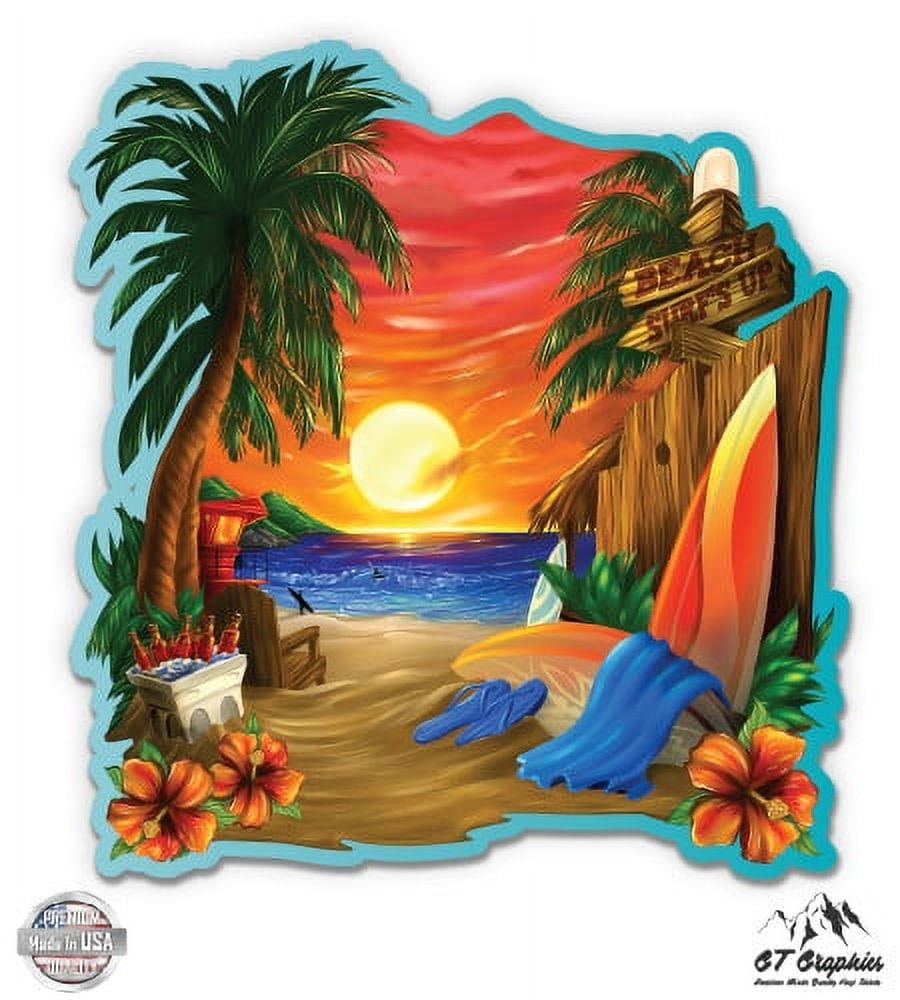 Tropical Beach Vacation - 3" Vinyl Sticker - For Car Laptop I-Pad Phone ...