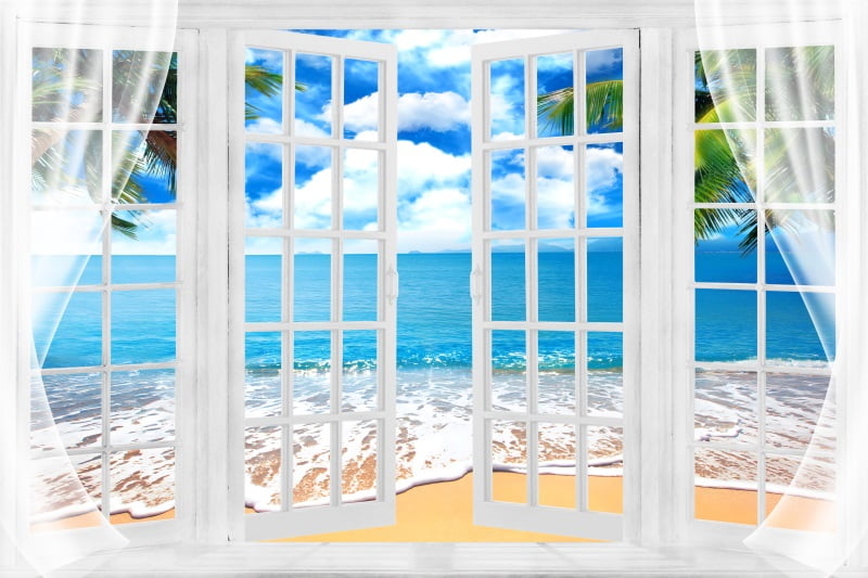 Tropical Beach Window View Backdrop Seascape Blue Sky Clouds Palm Trees ...