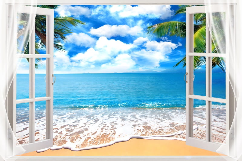 Tropical Beach Window View Backdrop Seascape Blue Sky Clouds Palm Trees ...