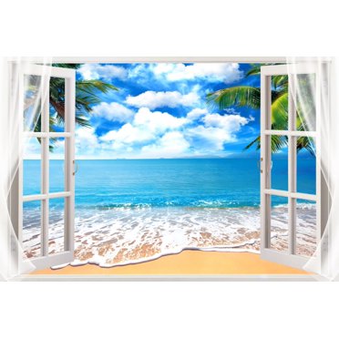 Ocean-Themed Tropical Island Photo Backdrop, Coconut Trees, Sea, Beach ...