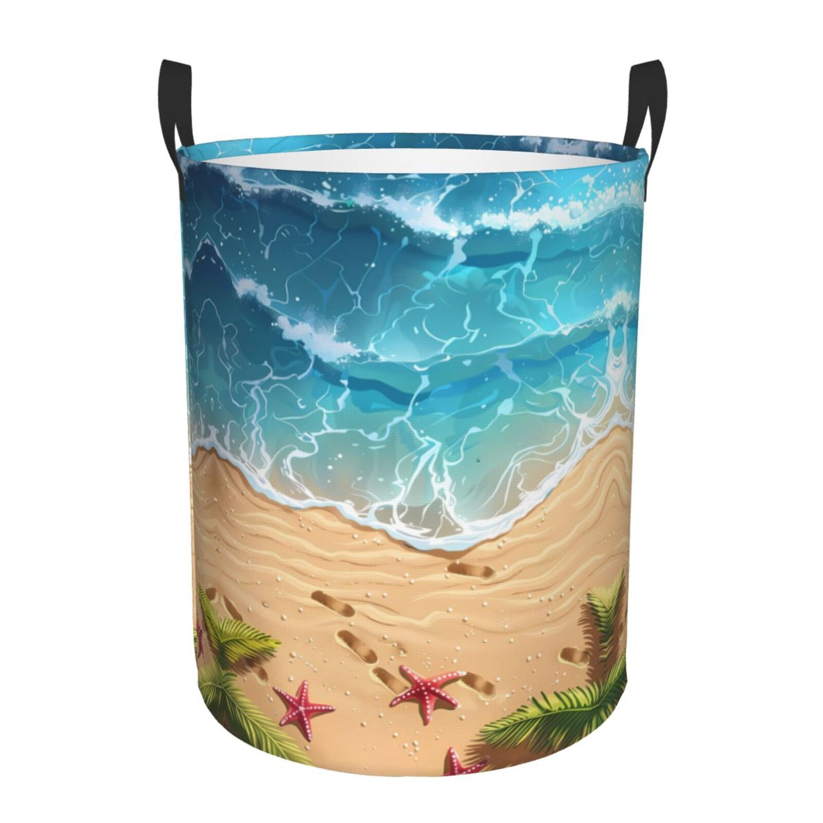Tropical Beach With Starfish Round Laundry Basket, Laundry Hamper with ...