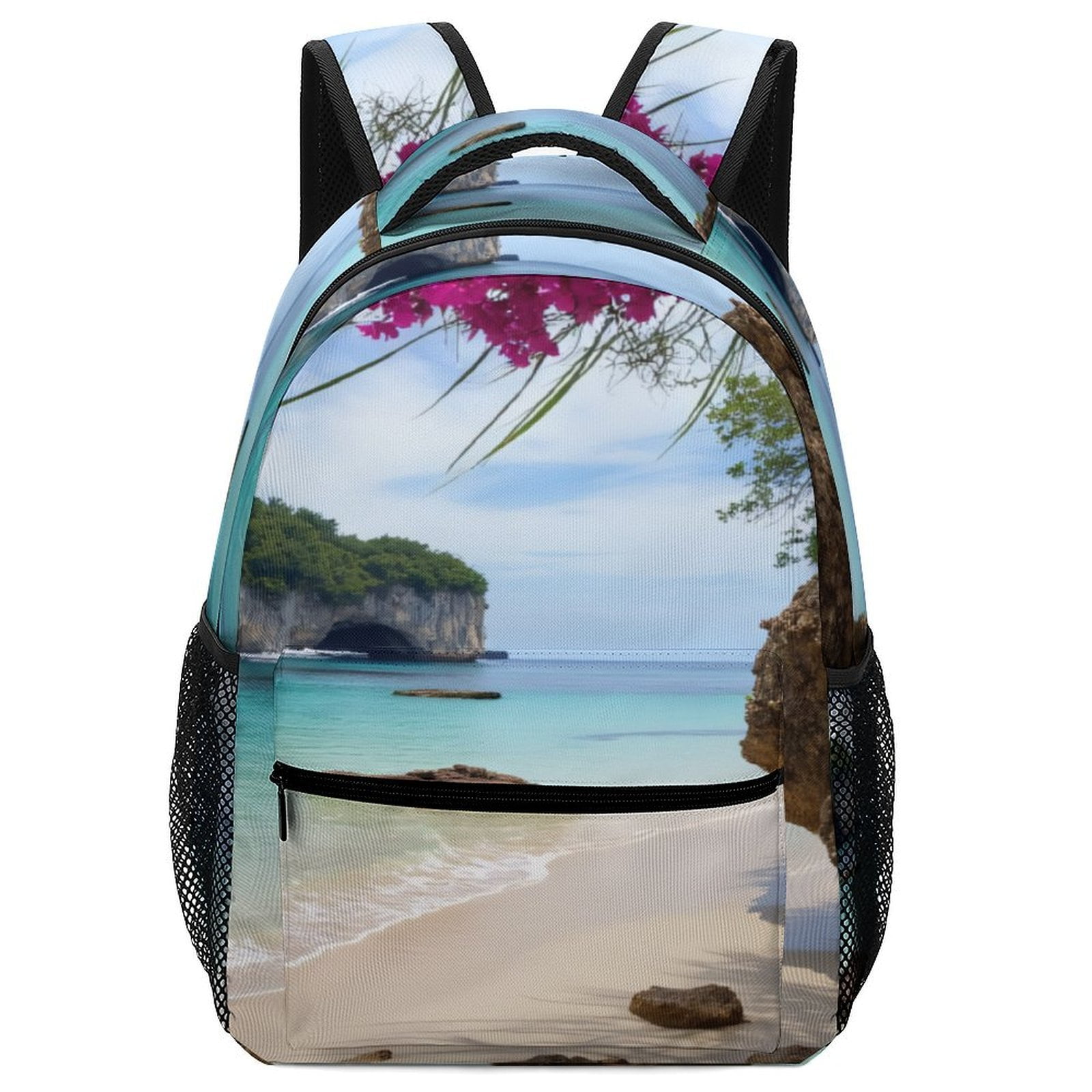 Tropical Beach with Pink Flowers Backpack Men Women Teenage Daypack ...