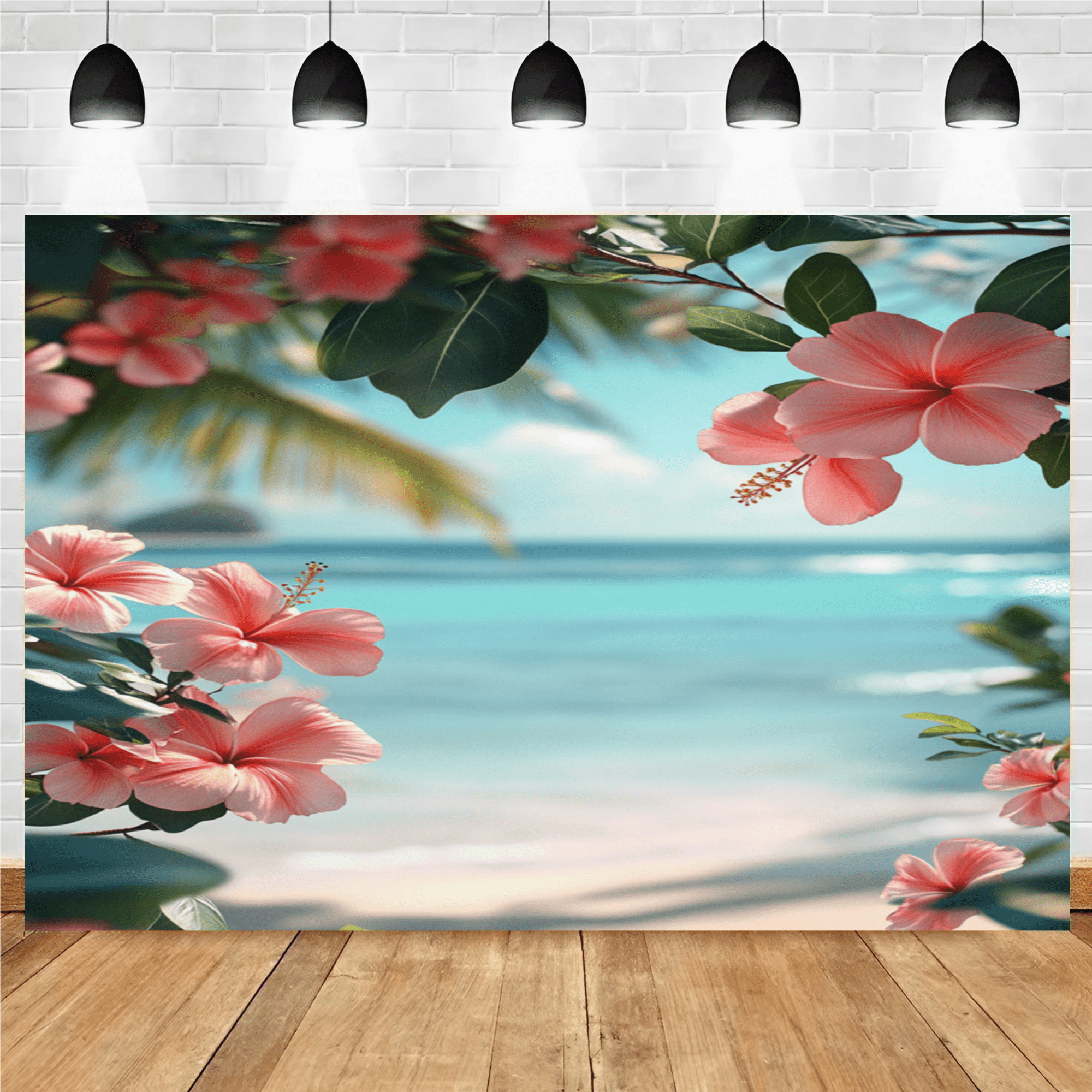 Tropical Beach with Pink Hibiscus Natural Scenic Backdrops Summer ...
