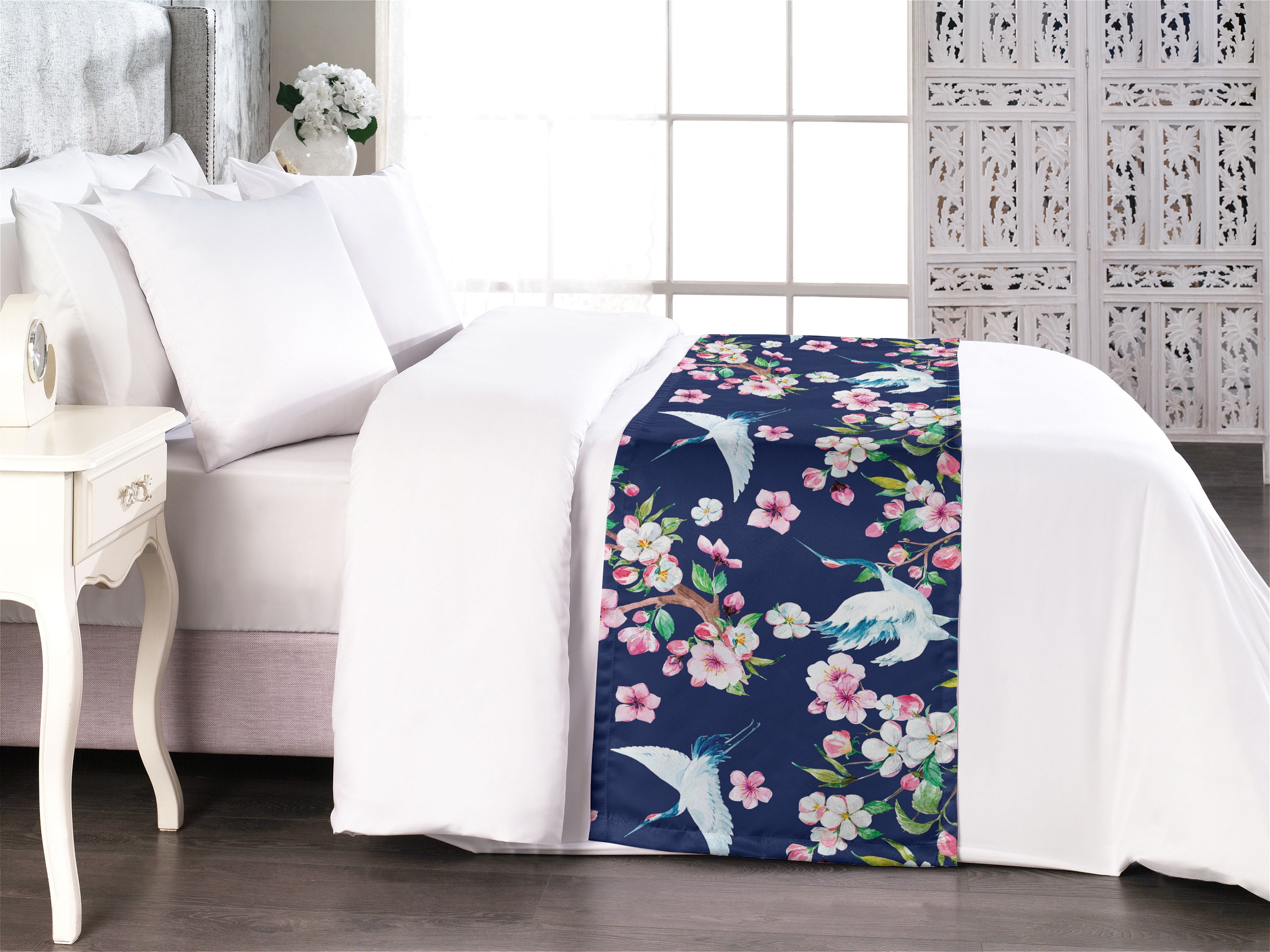 Tropical Bed Runner, Exotic Flowers with Crane Birds Watercolor Style ...