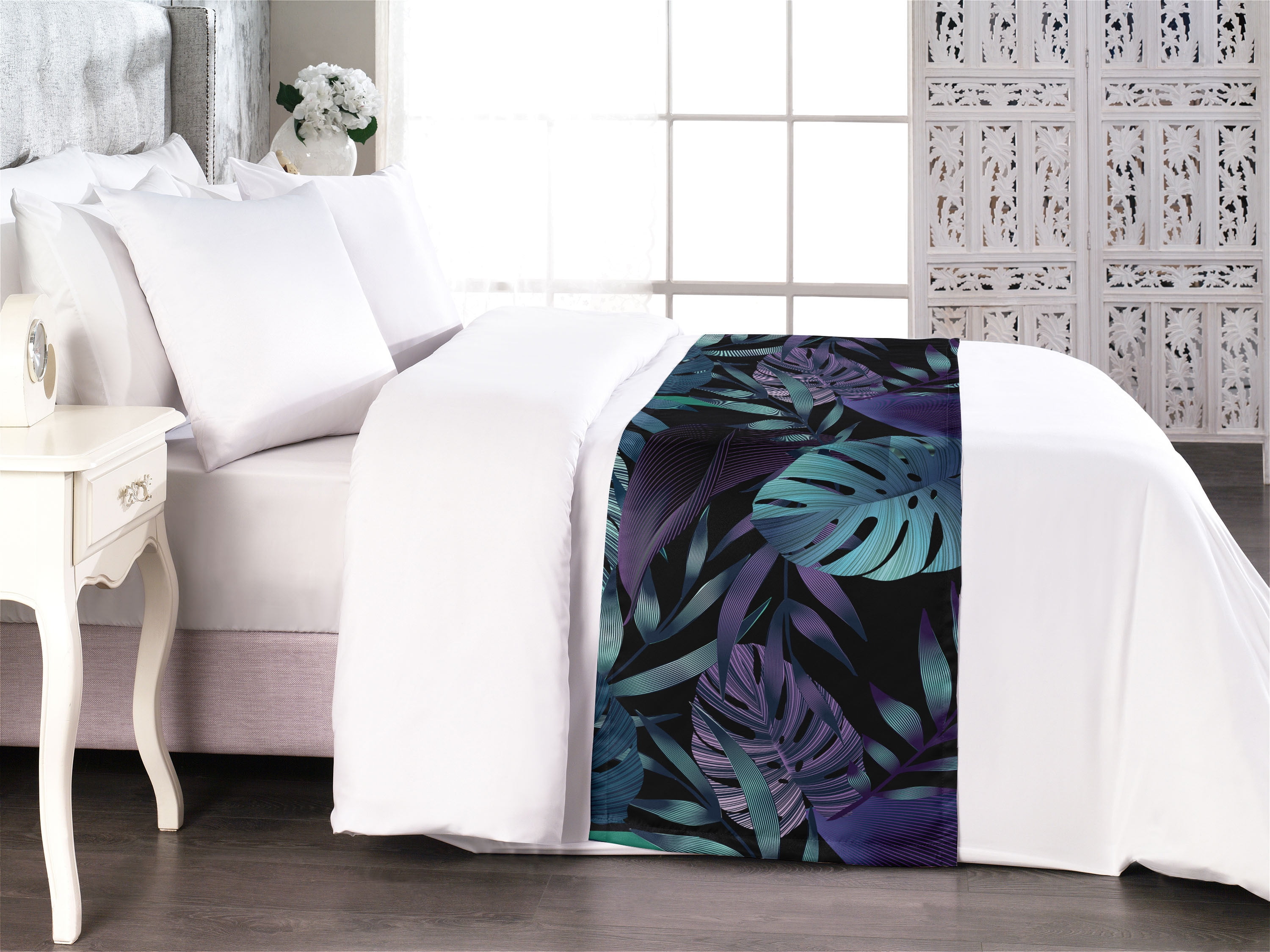 Tropical Bed Runner, Monochrome Backdrop with Jungle Palm Monstera ...