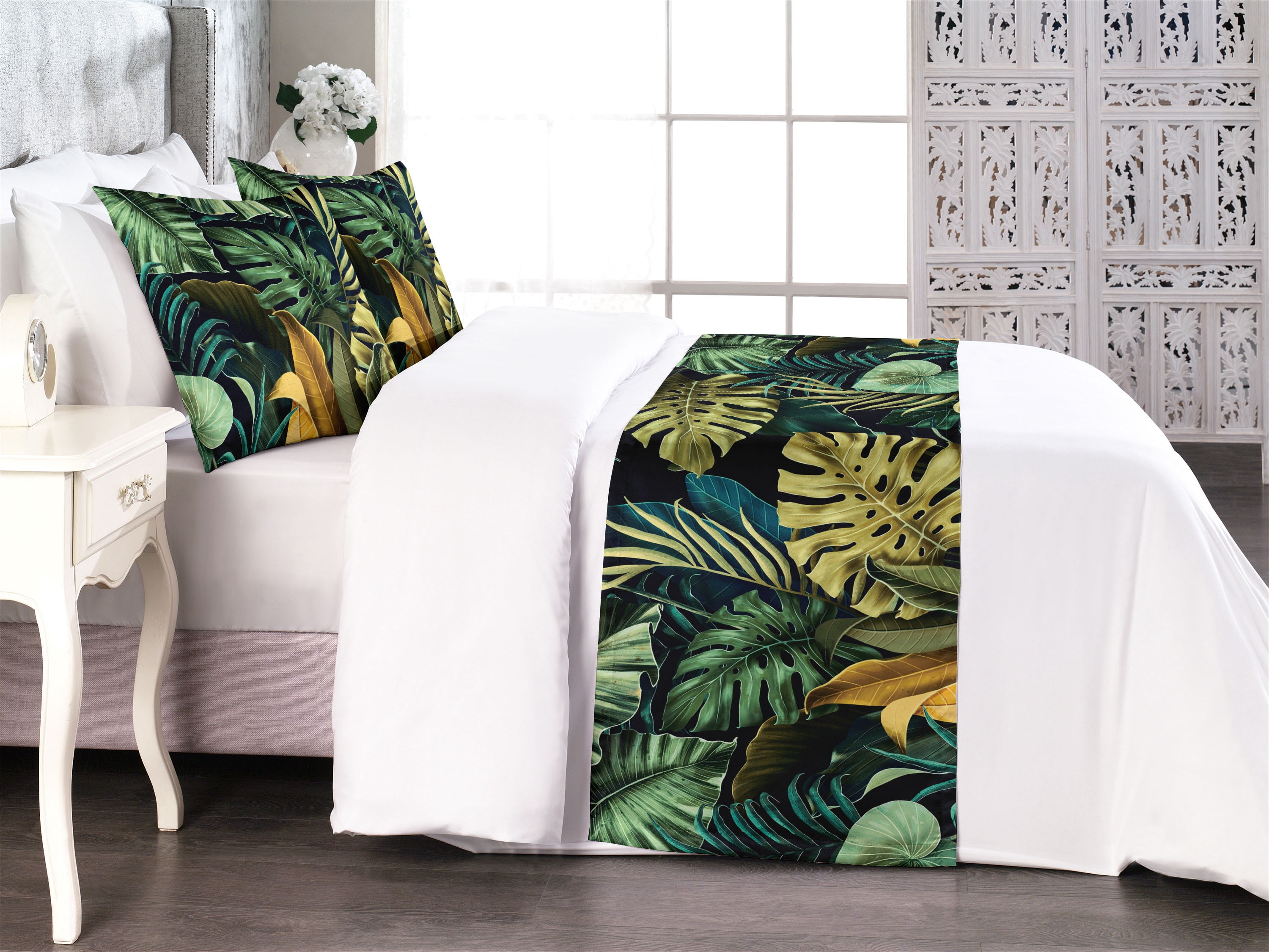 Tropical Bed Runner Set, Exotic Jungle Retro Effect Botanical Monstera ...