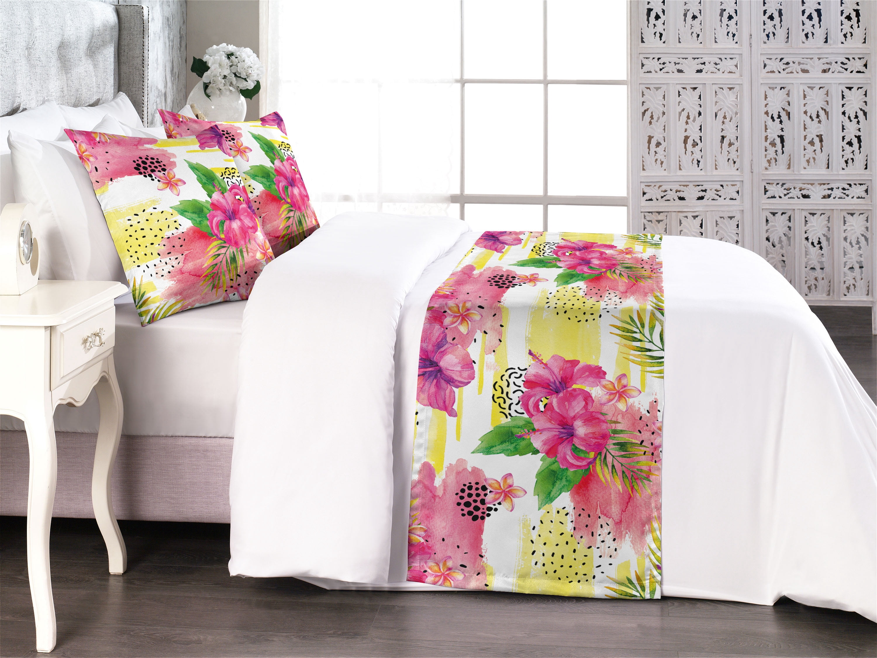 Tropical Bed Runner Set, Plumeria Hibiscus Flowers Leaves with Brush ...