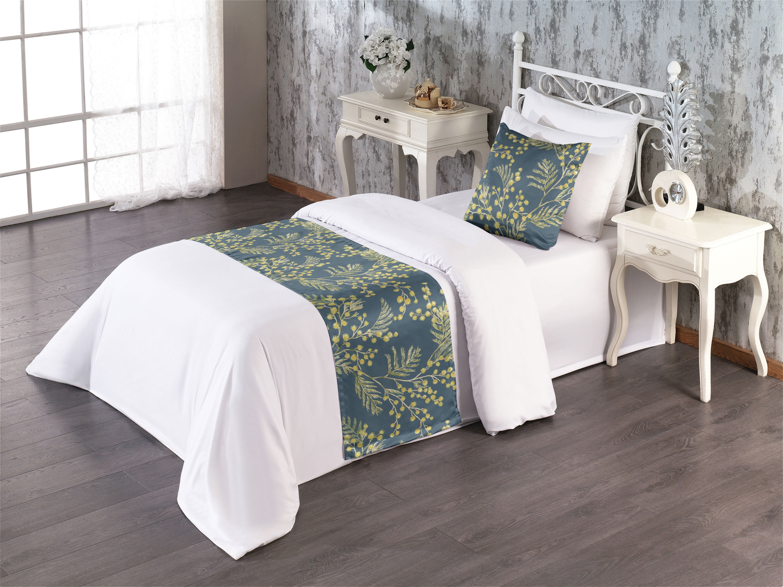 Tropical Bed Runner Set, Repetitive Mimosa Flowers Pattern Minimalist ...