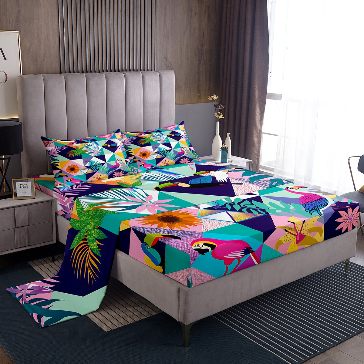 Tropical Bed Sheets Set Abstract Watercolor Bird Sheet Set Full,Palm ...