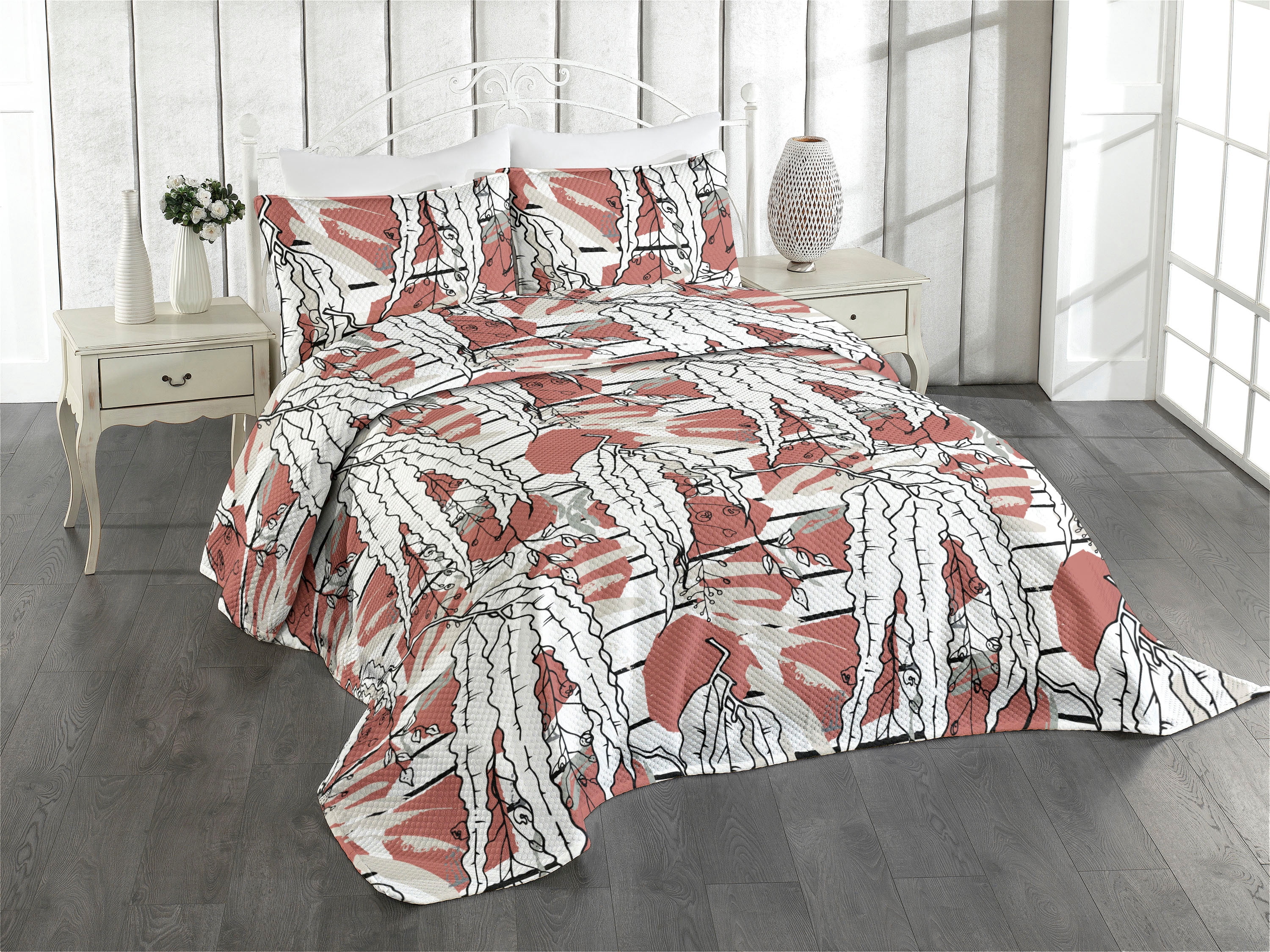 Tropical Bedspread, Weeping Leaves on Abstract Forms and Stripes Modern ...