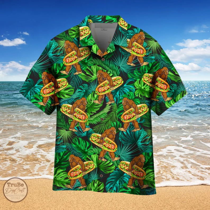 Tropical Bigfoot Hawaiian Shirt, Bigfoot Hot Dog Beach Aloha Shirt ...
