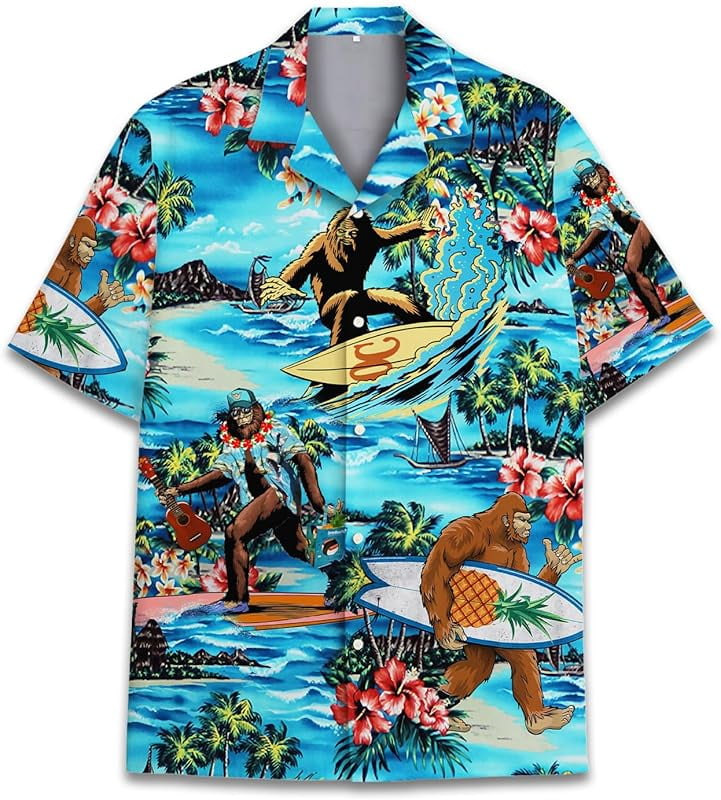 Tropical Bigfoot Hawaiian Shirts for Men Women, Bigfoot Sasquatch Summer Beach Aloha Button Down ...