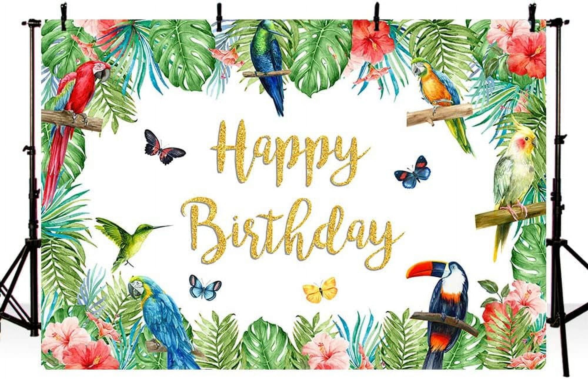 Tropical Bird Birthday Backdrop Summer Toucan Palm Leaves Gold Glitter ...