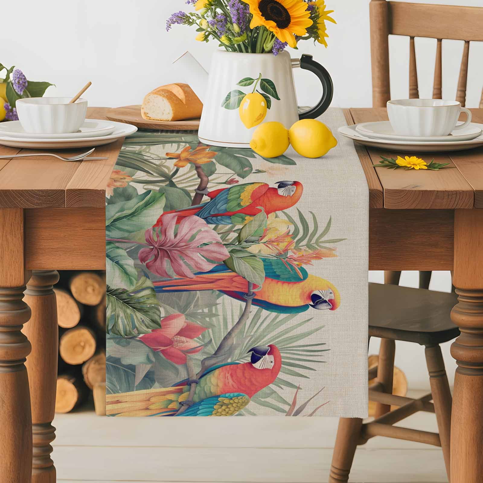 Tropical Birds Parrot on Branch Table Runners 13x36 Inches Long Linen ...