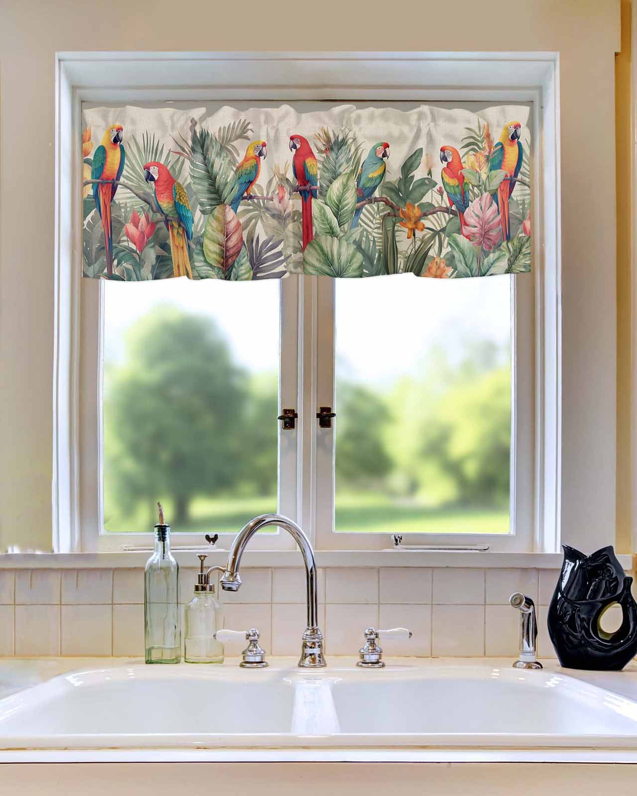 Tropical Birds Parrot on Branch Window Valances for Kitchen,Rod Pocket ...