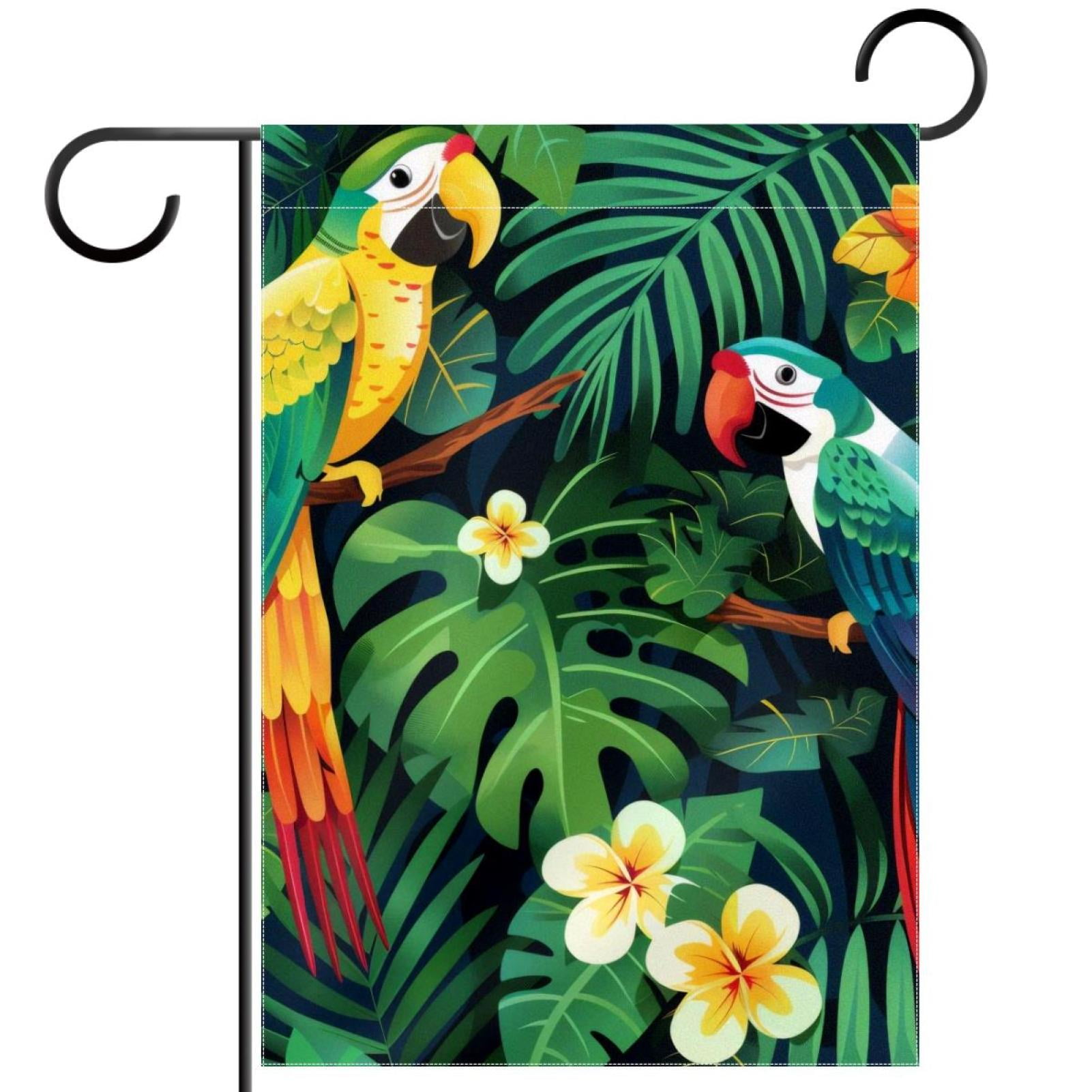 Tropical Birds Parrot and Palm Leaves Hibiscus Garden Flag Double Sided ...